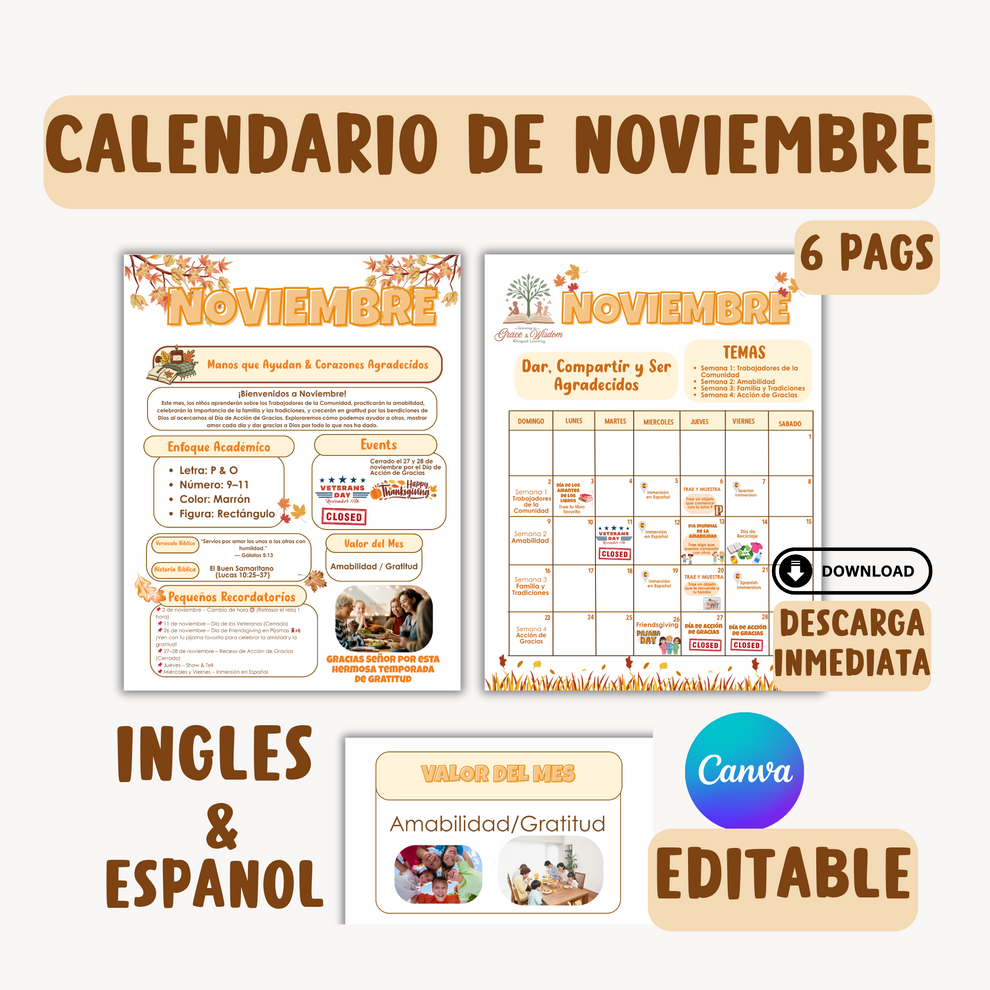 Calendario de Noviembre Inglés/ español. Editable en canva. – Elizabeth ...